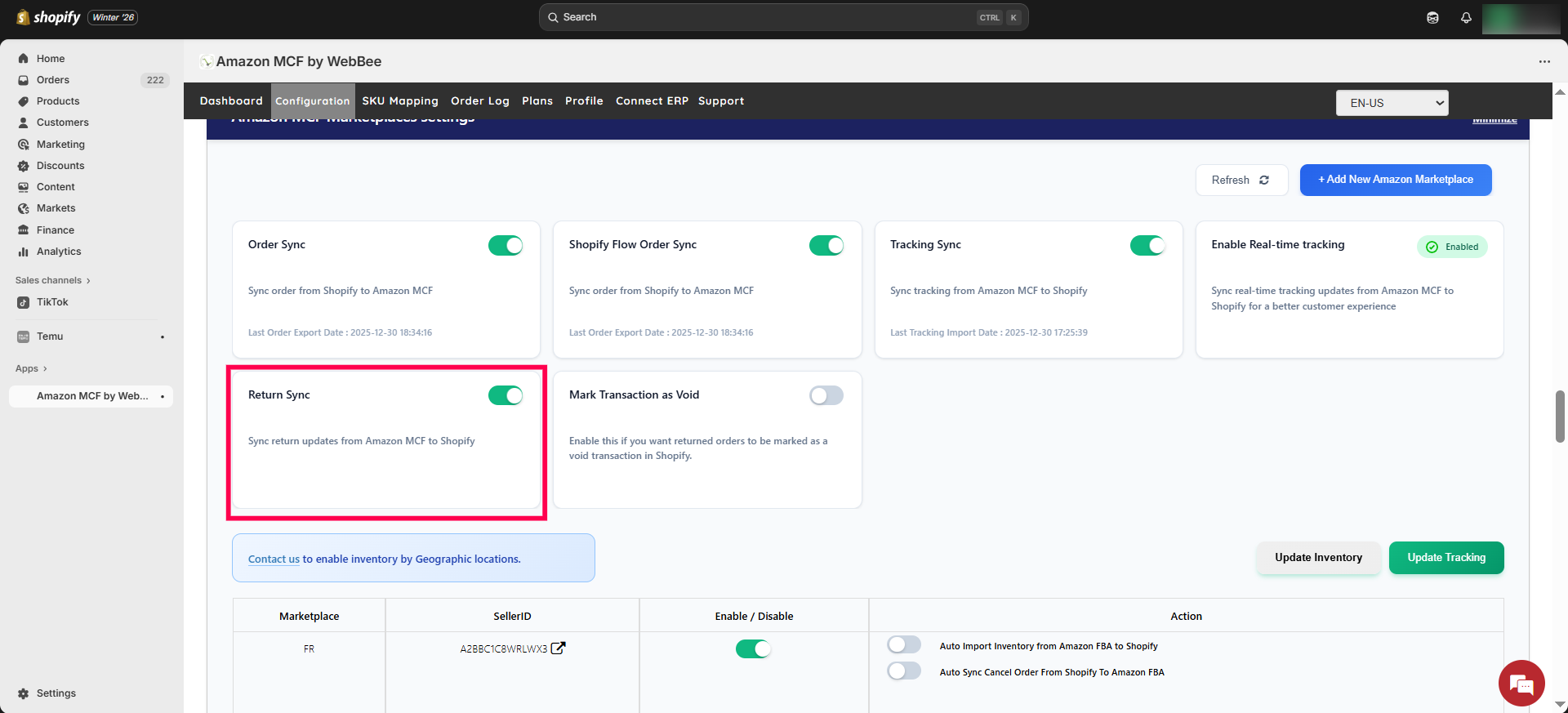 What is return sync toggle in Amazon MCF by WebBee?